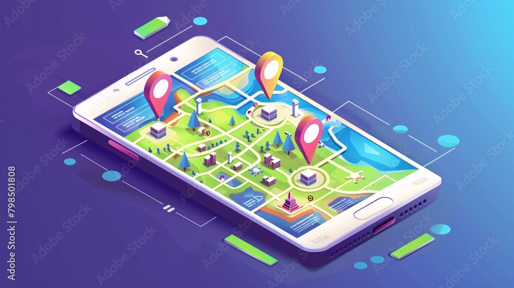 A futuristic GPS map app for navigating a territory with isometric ...