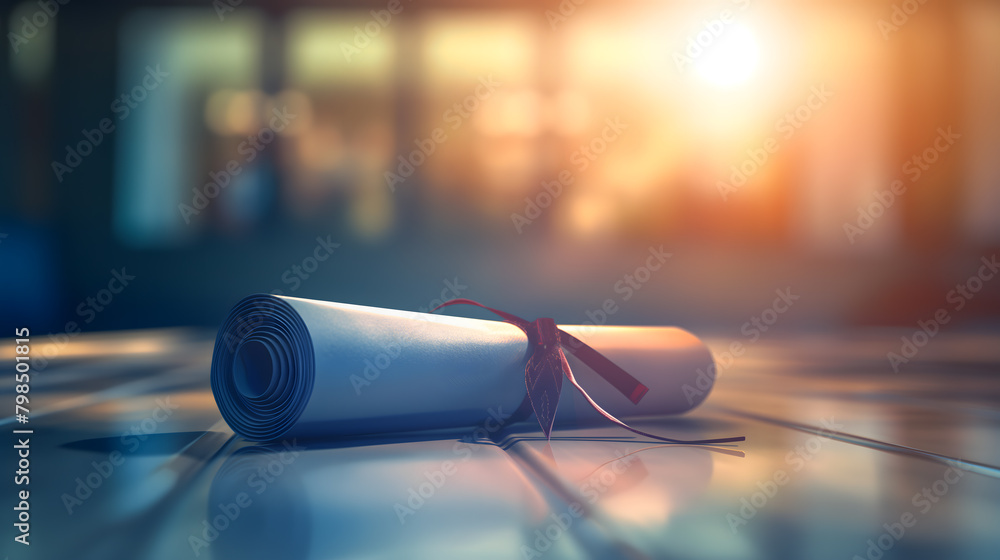 Elegant Rolled Diploma Certificate with Red Ribbon at Sunset Stock ...
