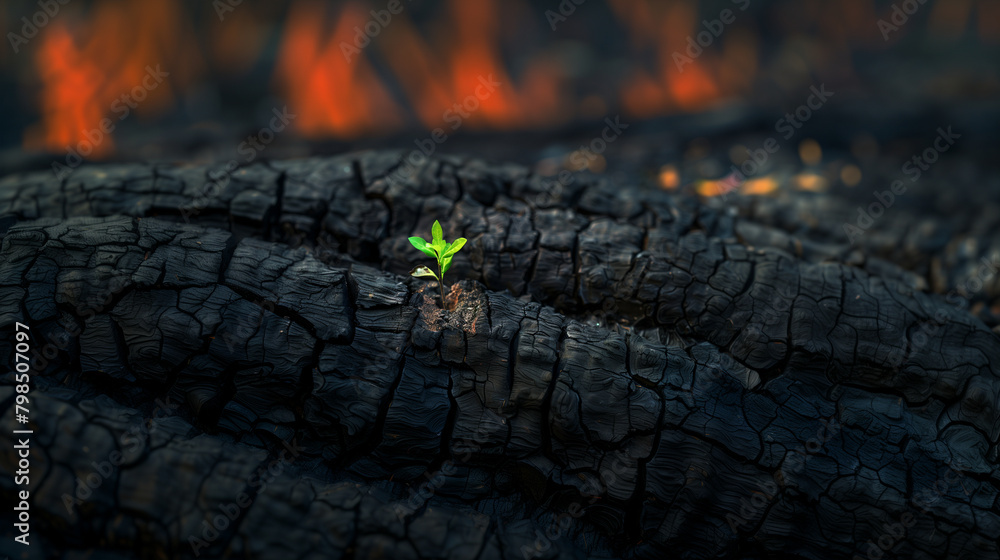 Wildfire burns ground in forest with young sapling growing out of the ...
