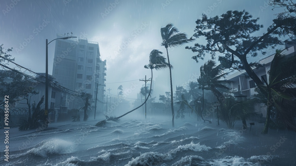 Dramatic Coastal City Scene During Severe Hurricane: High Winds ...