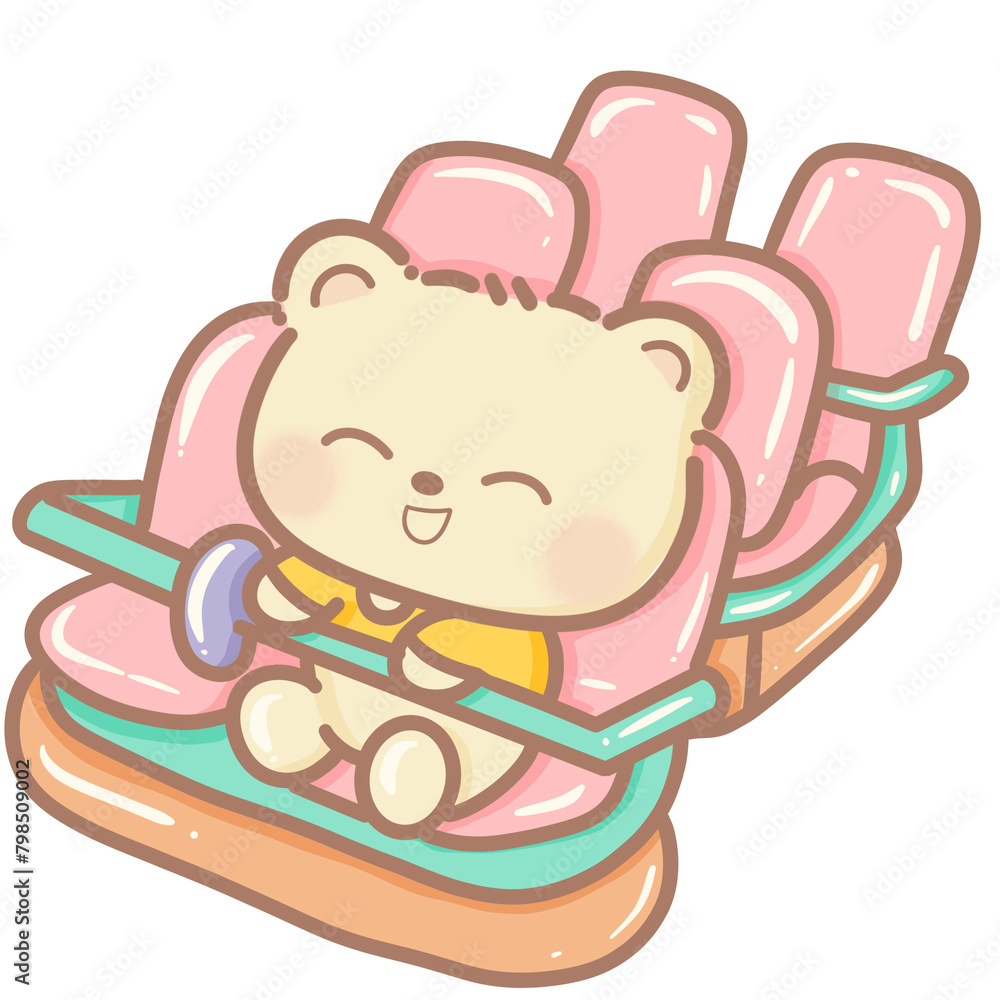 Handdrawn illustration Cute kawaii yellow teddy bear on a roller ...