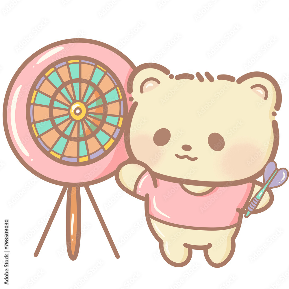 Handdrawn illustration Cute kawaii yellow teddy bear playing a dart ...