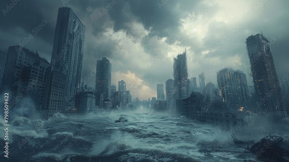 Dramatic Coastal City Flood with Skyscrapers Submerged, People Stranded ...
