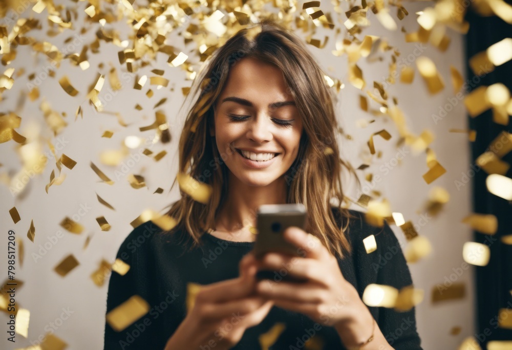 'Surrounded Gold Confetti Success: Woman Phone Mobile Celebrating ...