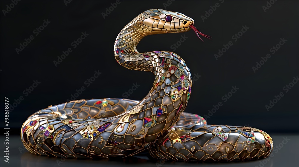 Opulent Thai Inspired Cobra Sculpture with Ornamental Scales and Jewel ...