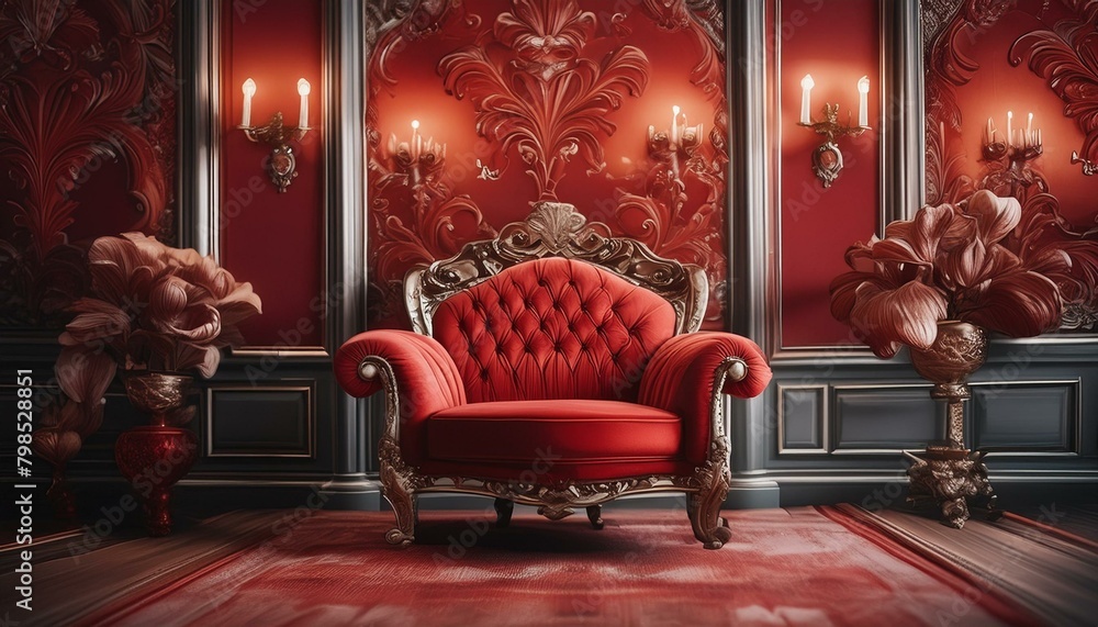 "Timeless Charm: Red Flock Wallpaper with White Background"chair ...