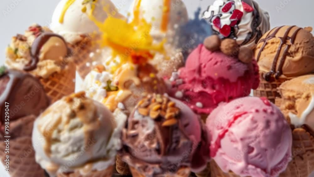 Assortment of ice cream cones bursts with diverse flavors and toppings ...