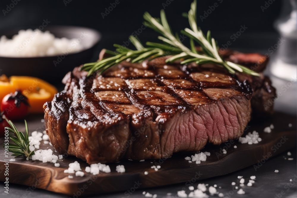 'grilled ribeye beef steak rosemary salt meat food medium sirloin fork ...