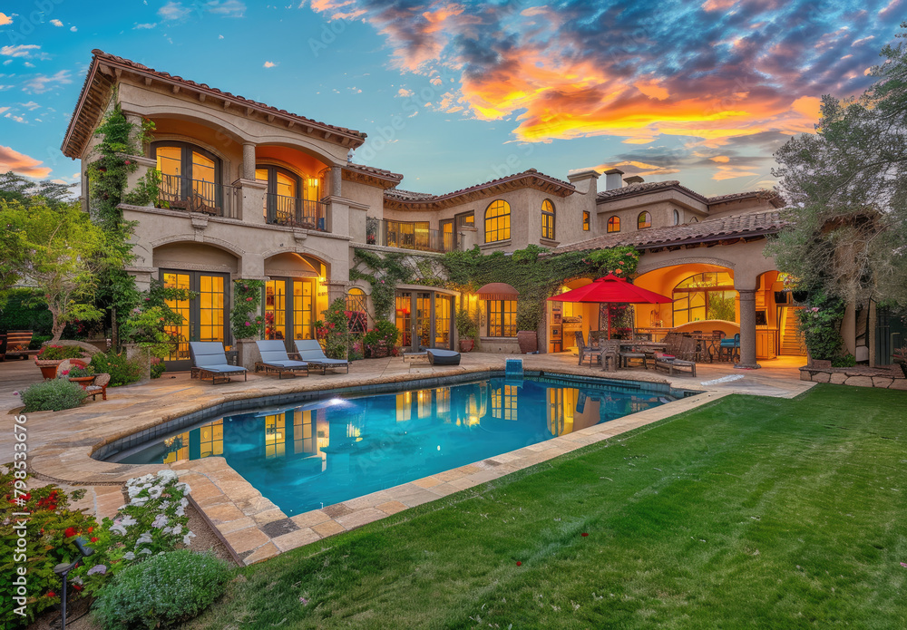 Beautiful home in Arizona with a large backyard, pool and sunset. The ...