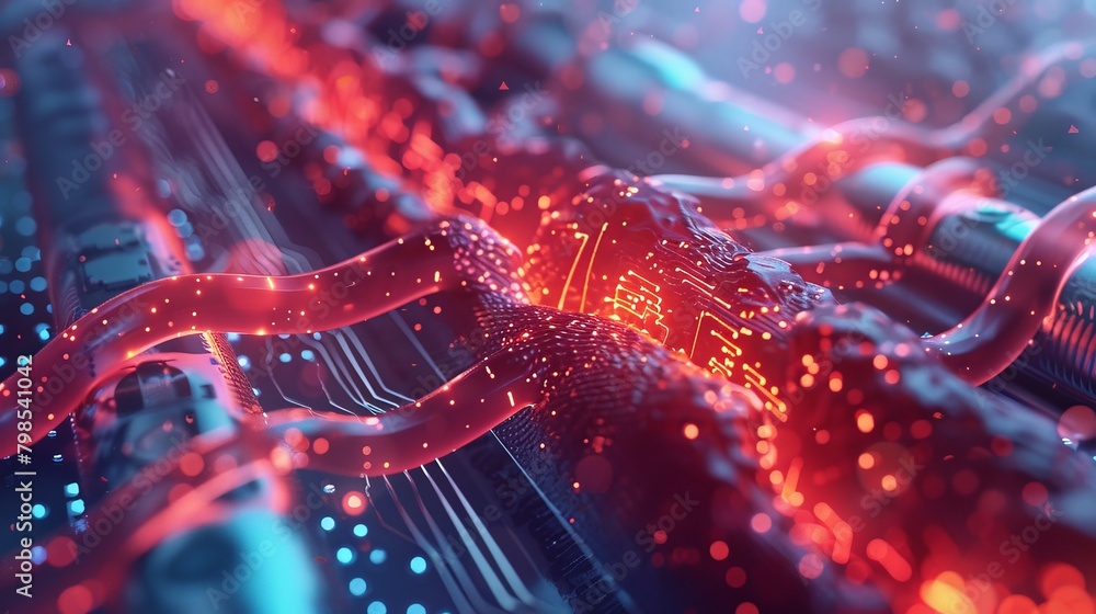 Two arteries visualized as a computer circuit. The healthy one has a ...