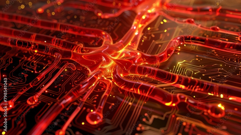 Two arteries visualized as a computer circuit. The healthy one has a ...