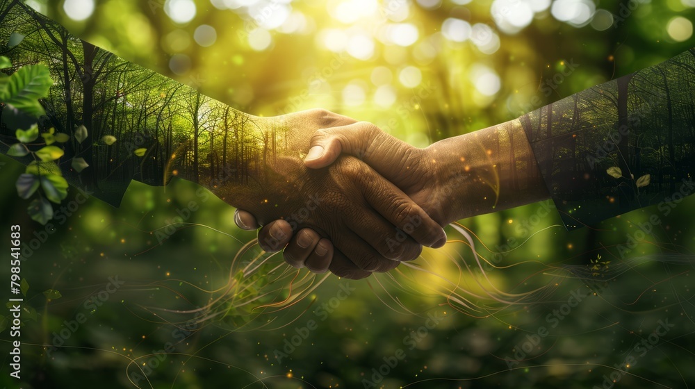 Sustainability in business, two partner are shaking hands in office ...