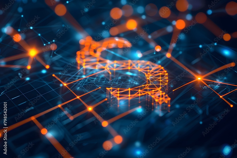 A digital representation of cryptocurrency and blockchain technology with a glowing digital coin ...