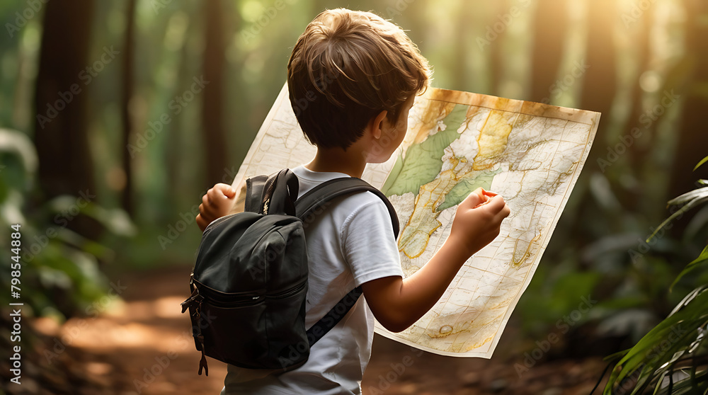 Back view of A Young boy kid participating to a treasure hunt holding ...