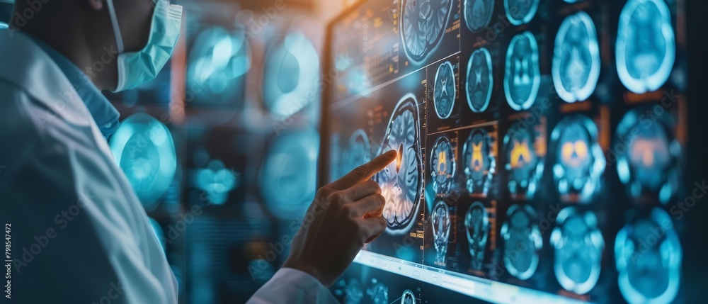 Radiologist analyzing a brain scan image using AI to detect any ...