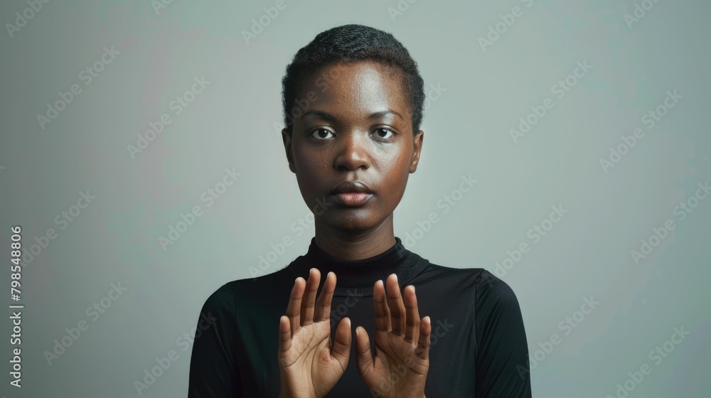 The picture of the interpreter is using the hand signal with the grey ...