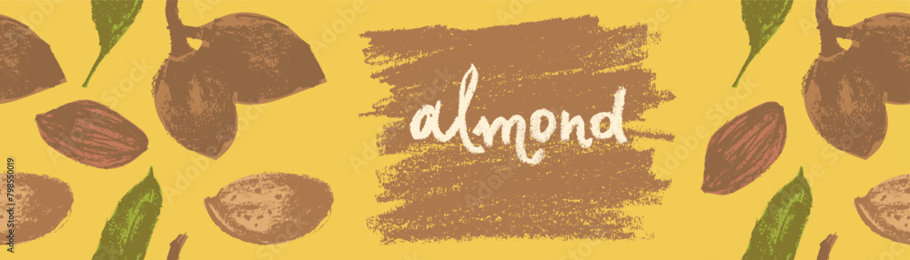 Almond label template with almonds seamless pattern. Hand-drawn ...