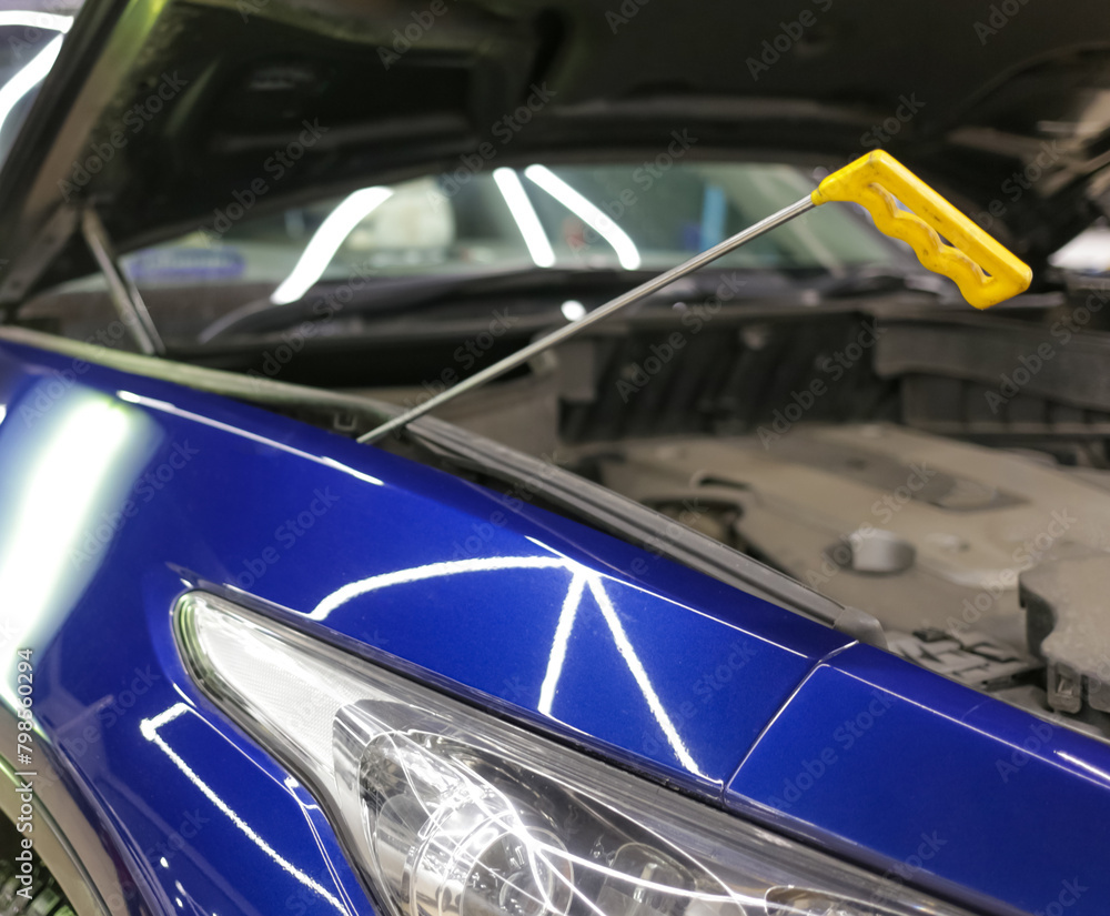 Car body repair without painting. A specialist repairs a dent on the ...