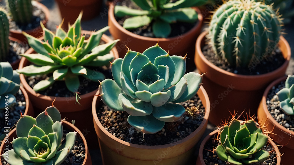 small cacti in pots are put in a row on a white background. mini ...