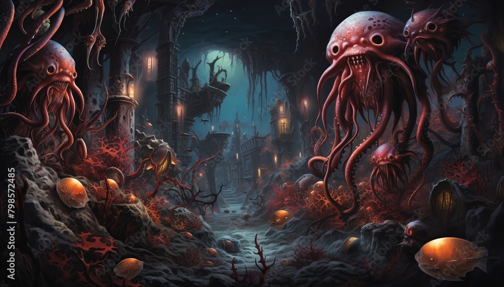 Capture a mesmerizing panoramic view of an underwater abyss filled with ...