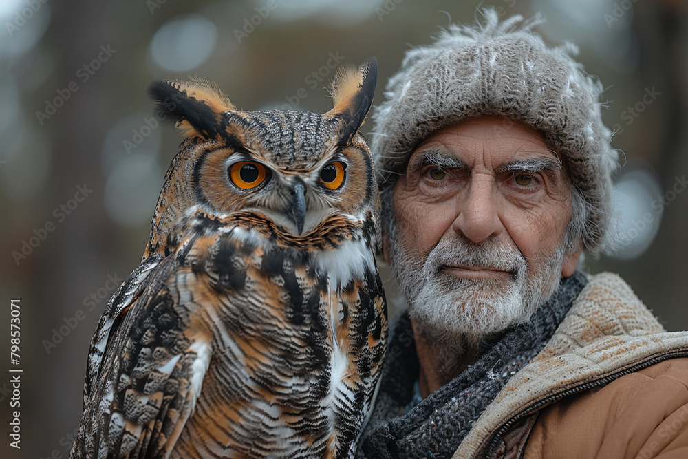 A majestic owl perched on its owner's arm, their shared gaze reflecting ...