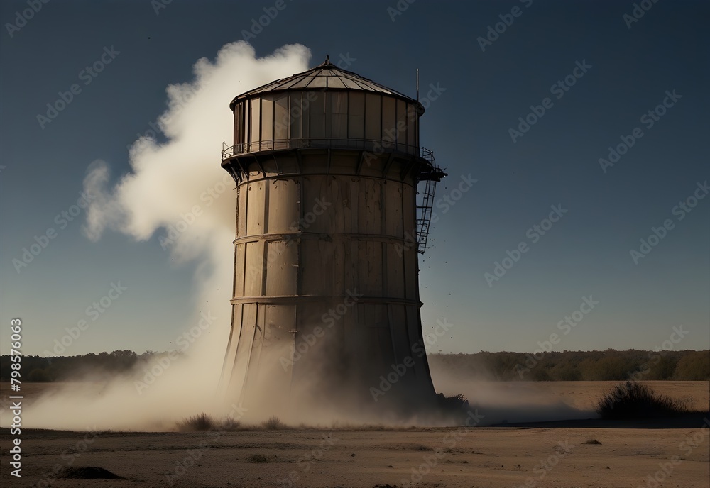Implosion of an old water tower, collapsing into dust and debris ...