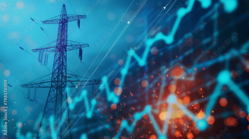 stock market graph with electric pole with blue black energy business ...