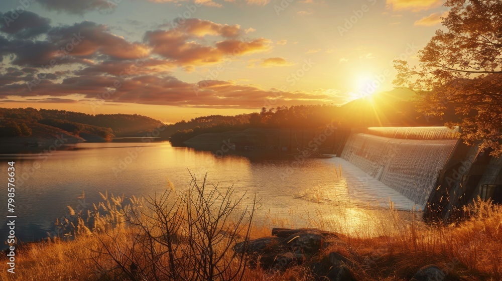 Sunset casting a golden glow over a dam and its reservoir, the tranquil ...