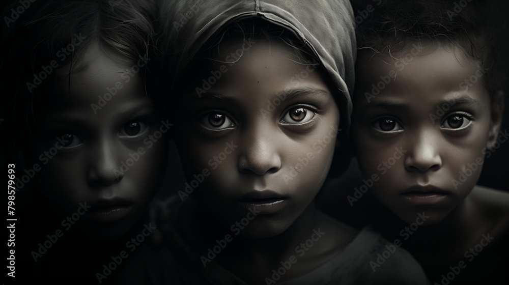 Stirring visual of children with gaunt faces and pleading eyes ...