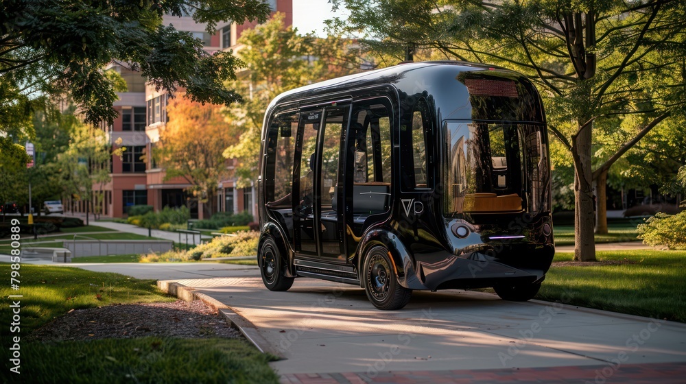 Future electric vehicle public passenger bus, running on a shady urban ...