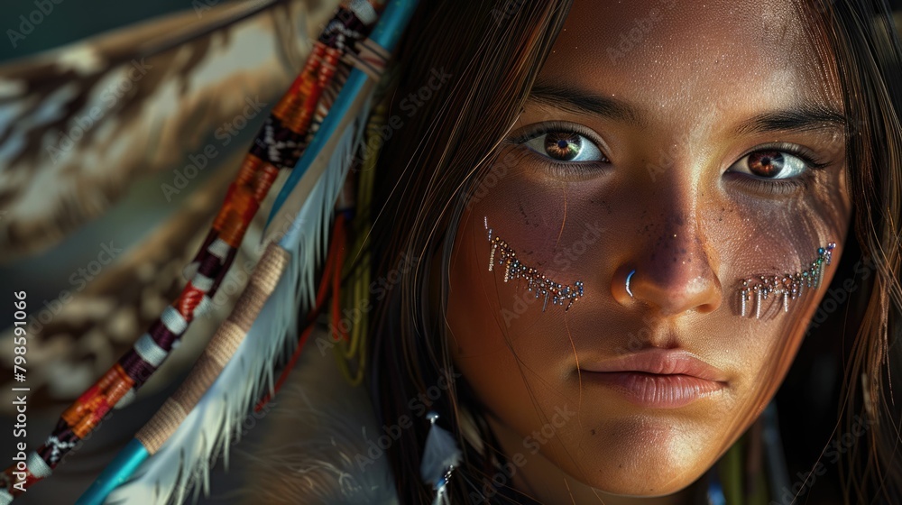 The close up picture of the native american teenage is wearing the ...