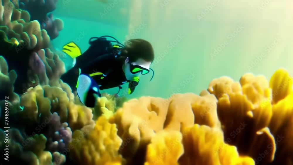 A scuba diver in yellow fins observes the diverse underwater life ...