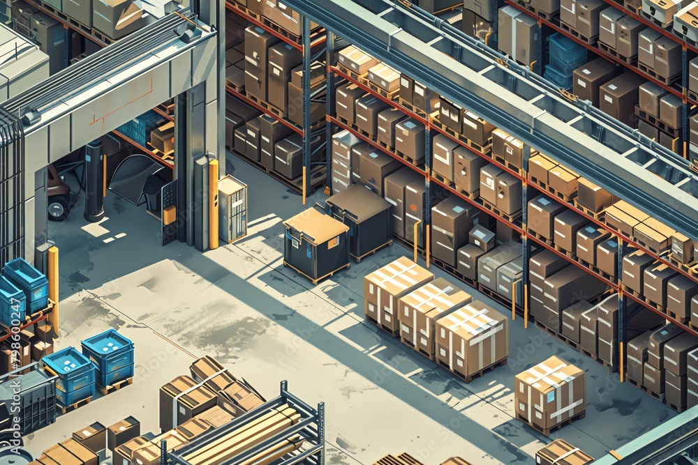 Design a warehouse scene using vector graphics, featuring a birds-eye ...