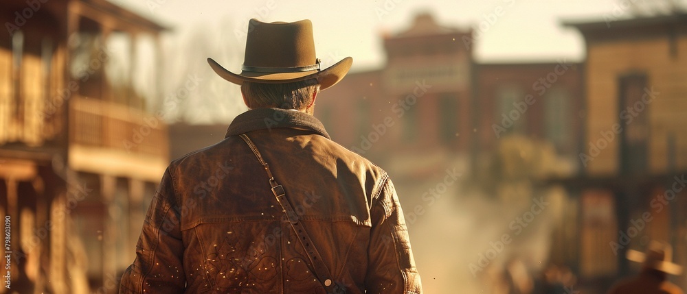 A cowboys back view in a wild west town, surrounded by a retro ...
