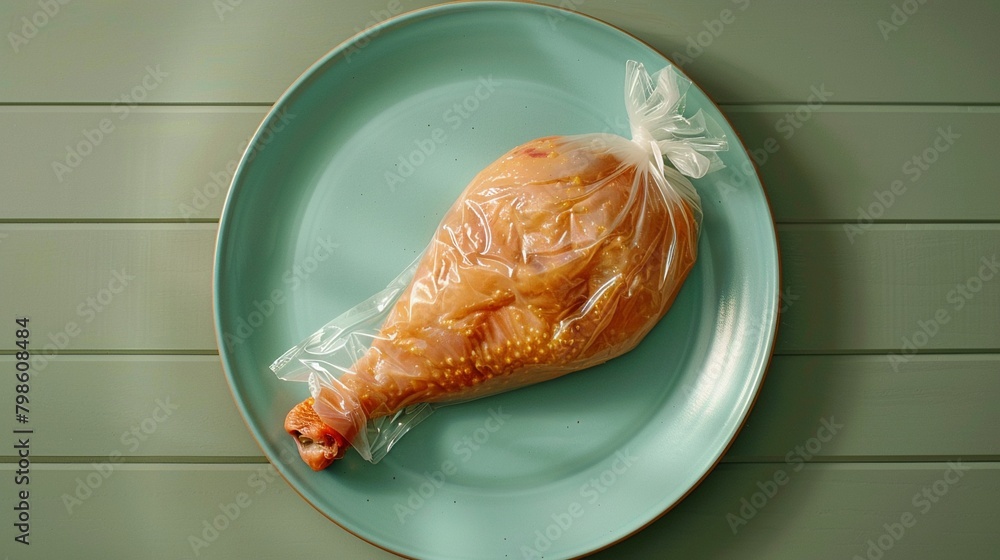 With a touch of humor, a plastic bag is shaped into a chicken drumstick ...