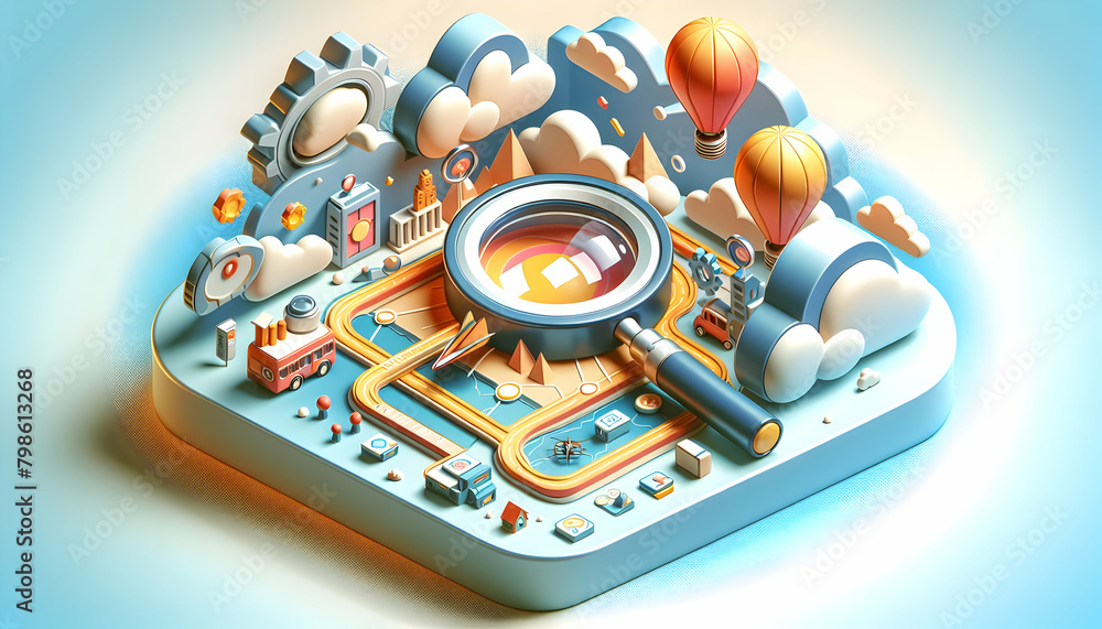 Discovering visionary ideas: 3D icon of a magnifying glass navigating ...