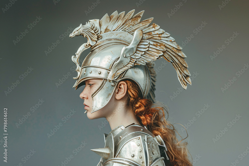 Side view of young woman wearing a Norse mythology Valkyrie helmet ...