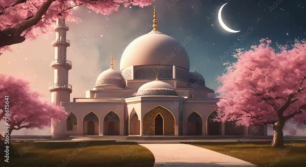 Illustration of a Mosque in a Fantasy World: Cherry Trees and Crescent ...
