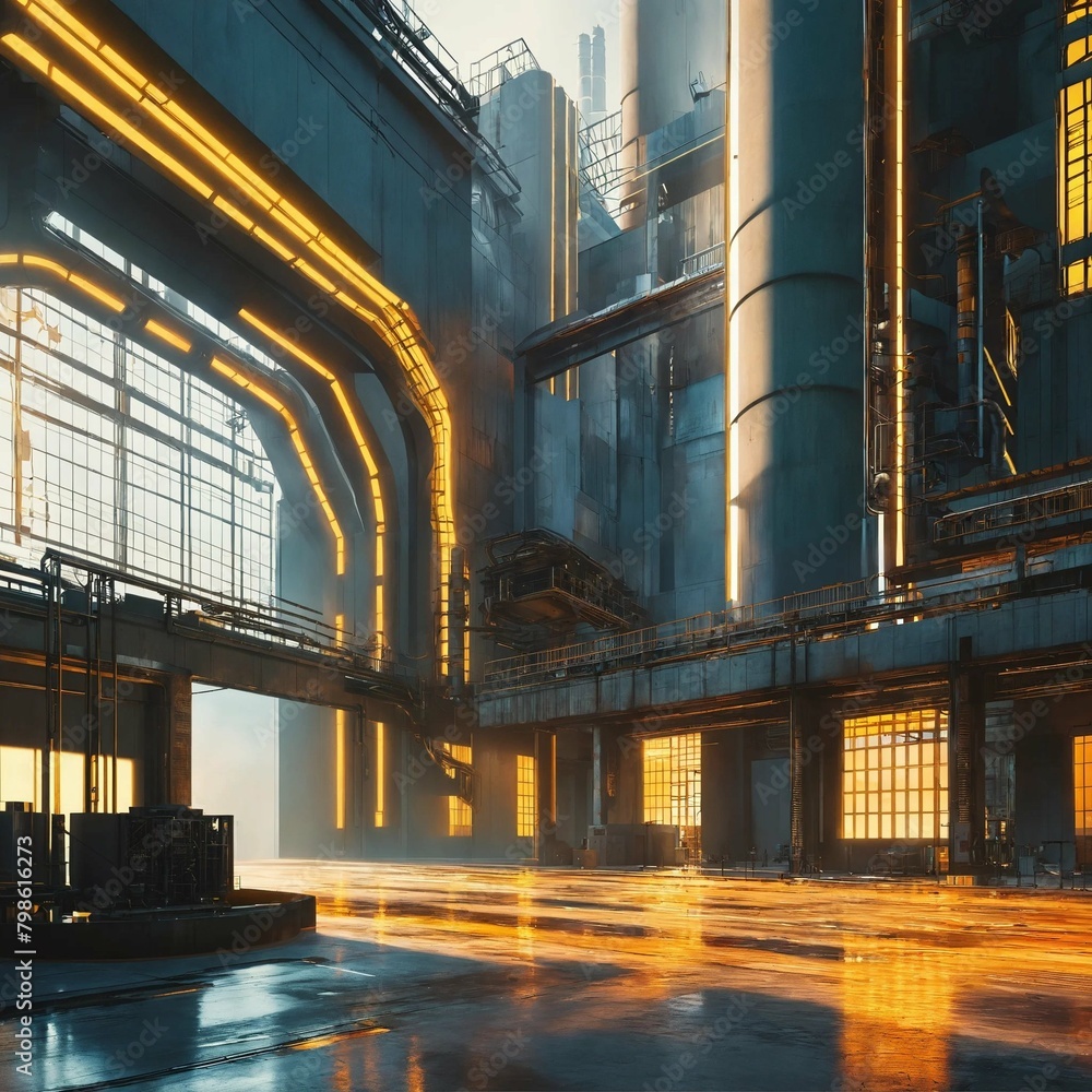 A futuristic manufacturing factory at day and night with focus on the ...