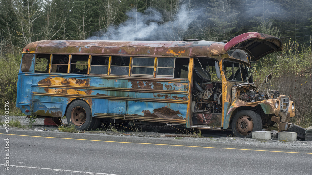 a bus on the side of the highway missing all of its wheels with the ...