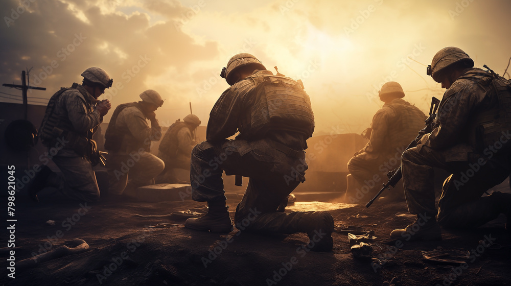 Soldier kneels in prayer, seeking hope and guidance from Jesus Christ ...