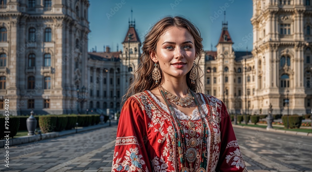 Beautiful young woman with long hair in traditional clothes posing in ...