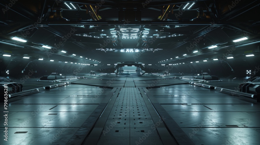 A sleek, metallic spaceship hangar with all bays occupied except for ...
