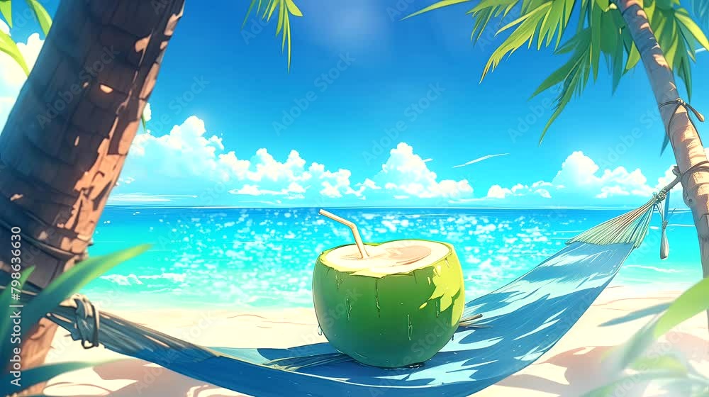 Coconut Drink on a Beach Hammock and Endless Ocean View. Anime or ...