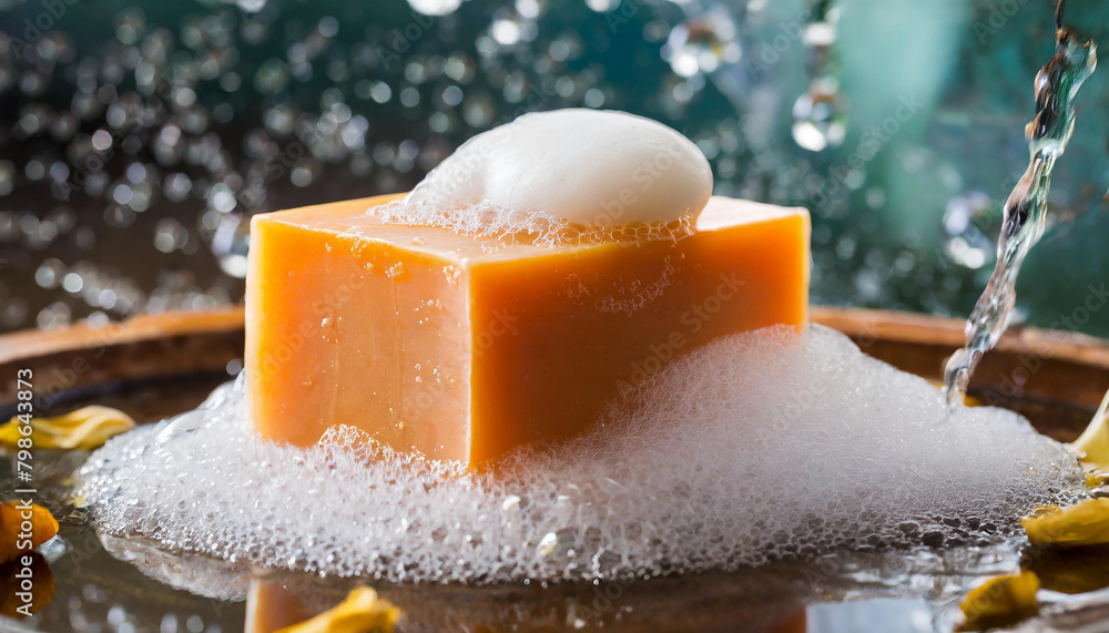 Soap bar natural foaming with foam bubbles texture close up. Personal ...
