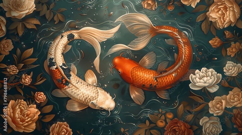 Illustration of a mystical garden pond where koi fish swim in a pattern ...