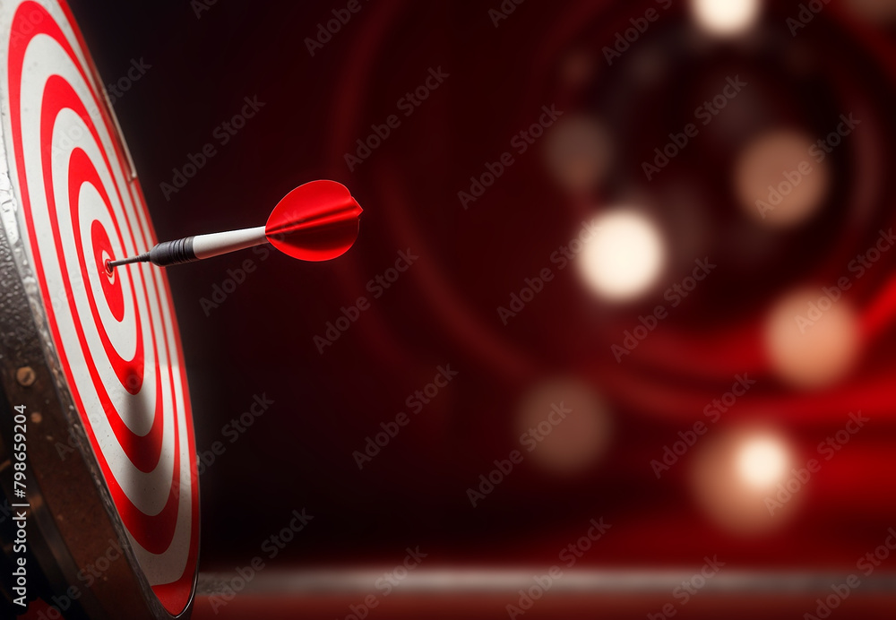 A red dart is stuck in the center of a red and white bullseye target on the bokeh effect ...
