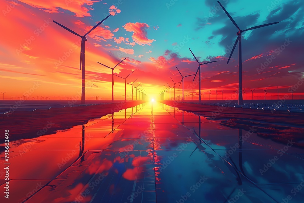Paint a vivid, abstract representation of renewable energy sources like ...