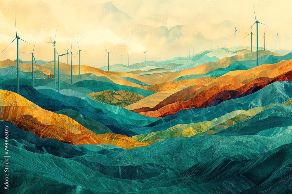 Paint a vivid, abstract representation of renewable energy sources like ...