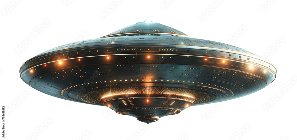 UFO flying saucer. Alien spaceship. Isolated on a white transparent ...